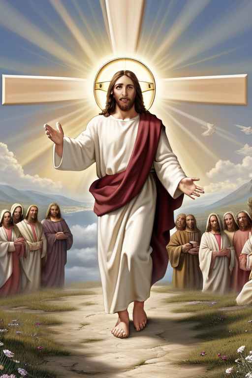 Jesus Christ Walking on a Path with Disciples Beneath a Radiant Cross.