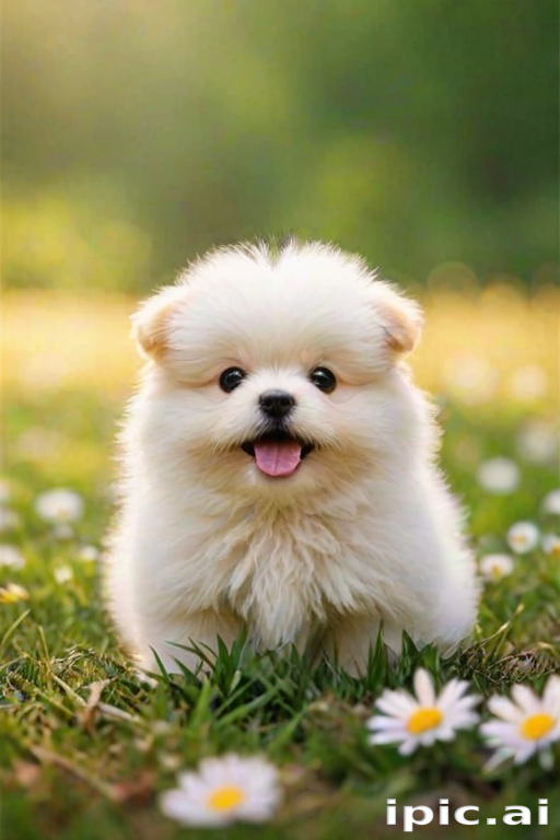 Adorable Fluffy Puppy Playing Joyfully Among Bright Daisies in Sunlight