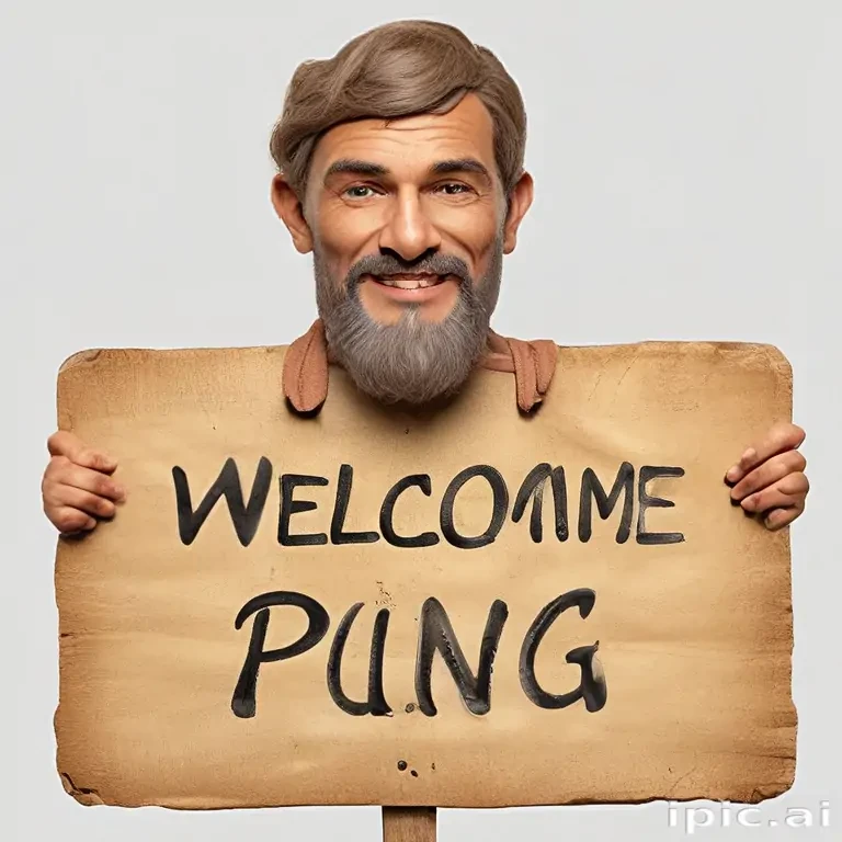 Friendly Character Holding a Welcome Sign for Pung with a Smile