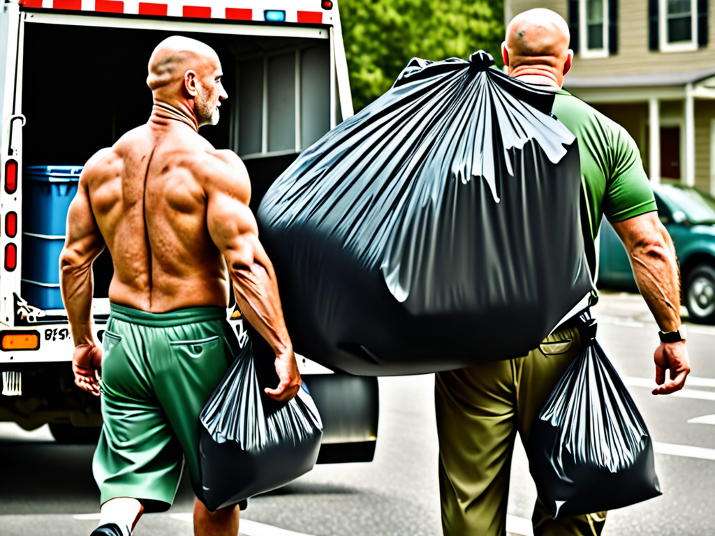 realistic handsome bald older muscular garbagemen from behind carrying ...