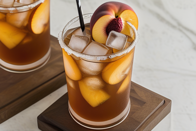 Refreshing Peach Iced Tea Cocktail with Fresh Peach Slices and Ice Cubes