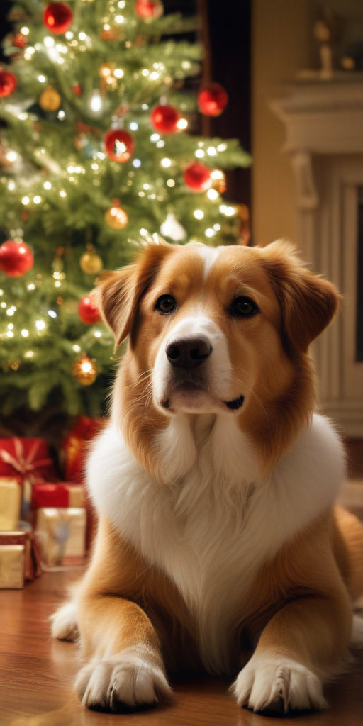 A Festive Holiday Scene Featuring a Dog Near a Christmas Tree