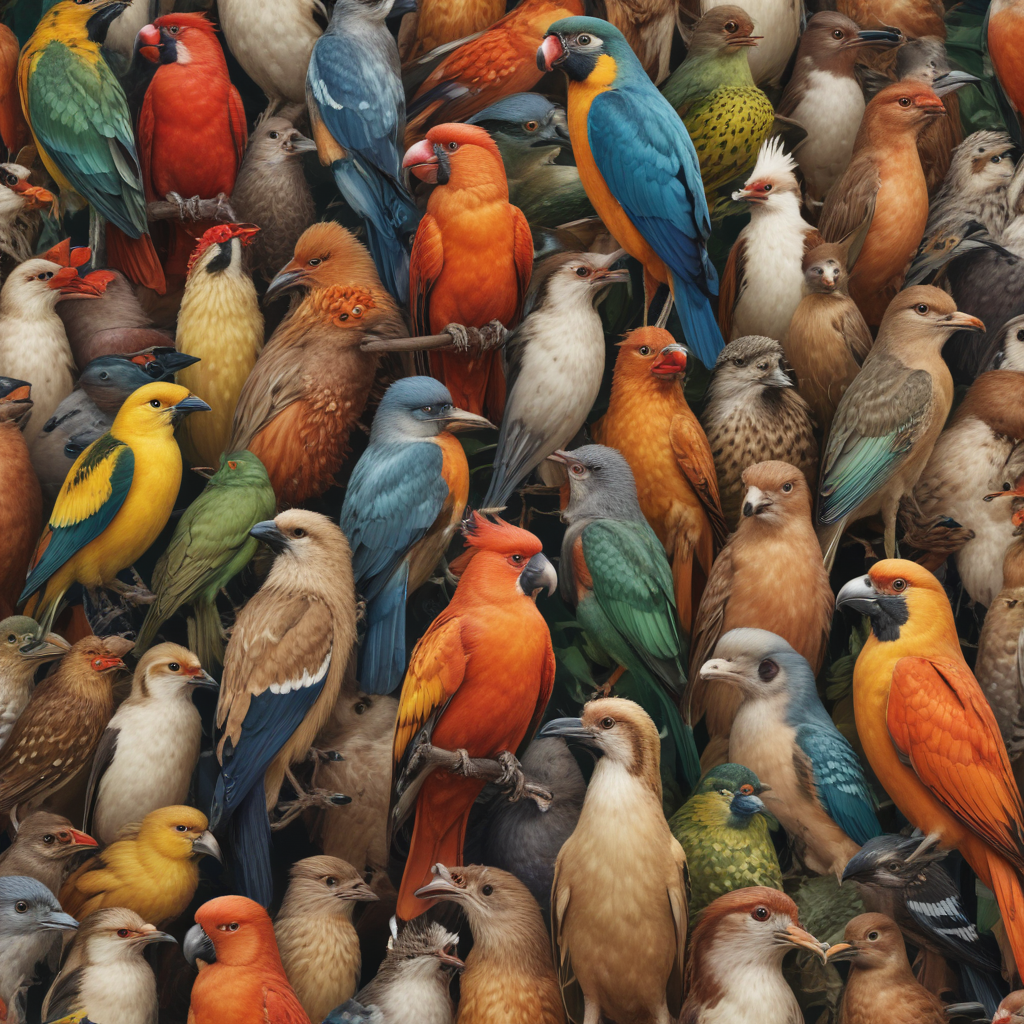 A hyper Realistic and colourful group photo of wild animals and birds.