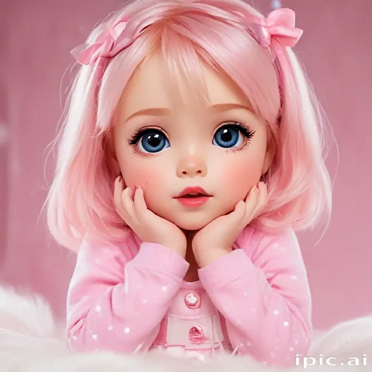 A Cute Doll with Pink Hair and Big Blue Eyes in Pink Pajamas