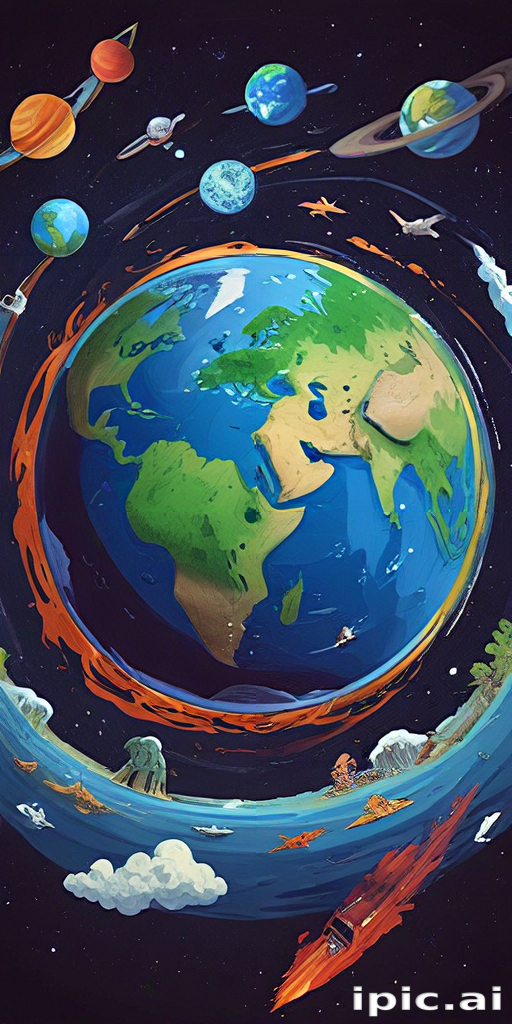 Colorful Illustration of Earth Surrounded by Planets and Cosmic Elements