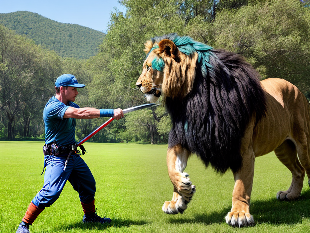 Stronger Human with sword fighting with Lion