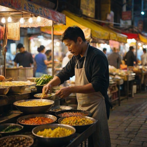 Vibrant Night Market Scene with Delicious Street Food and Crowded Stalls