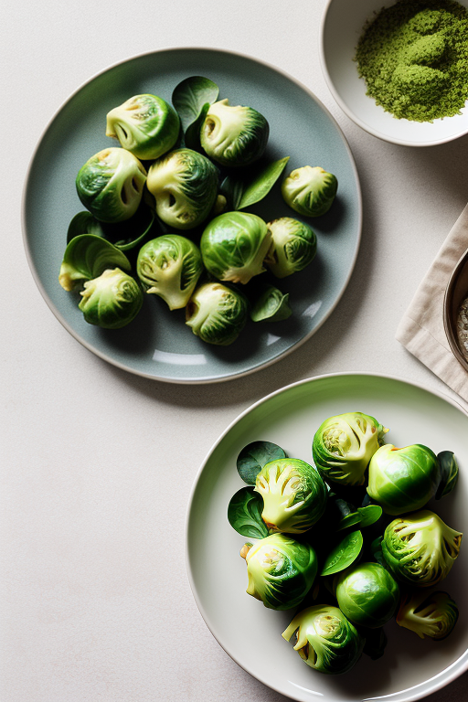Freshly Harvested Brussels Sprouts and Green Powder on Stylish Plates