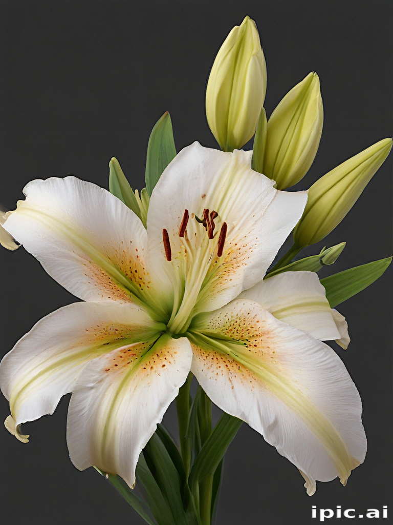 Beautiful White Lily Bloom Surrounded by Budding Green Lilies Against ...