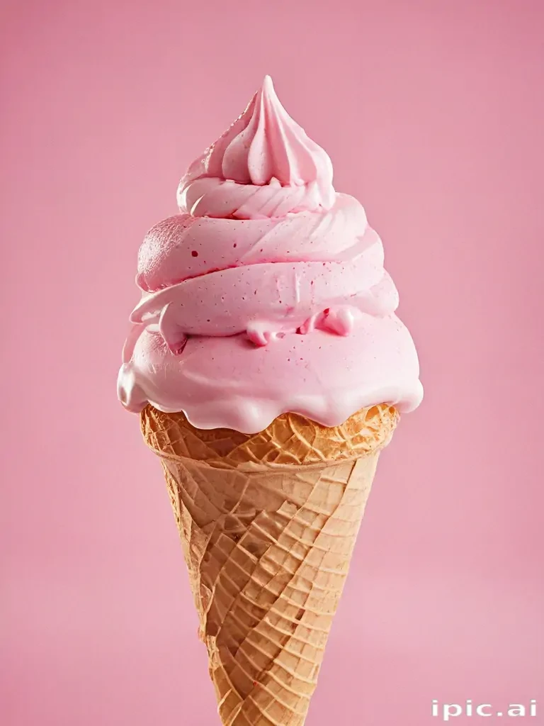 Deliciously Swirled Pink Ice Cream Cone Against a Soft Pink Background.