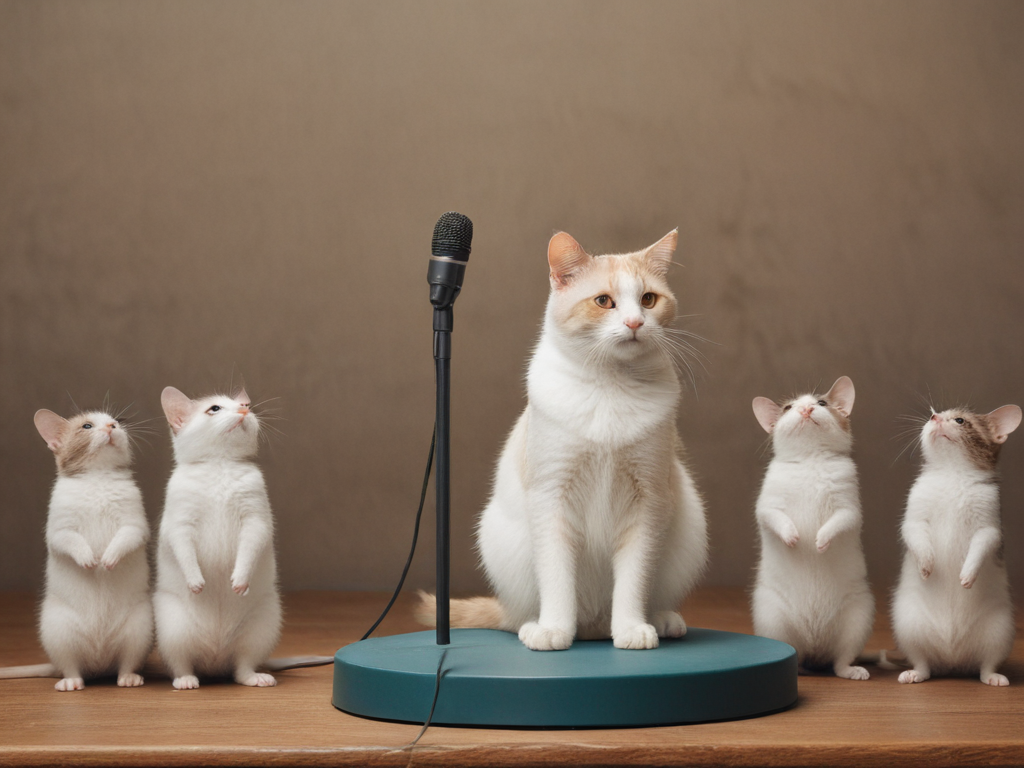 Cat speaking to mice. Cat is standing on a platform with microphone ...