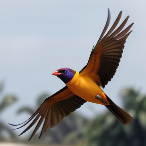 A Vibrant Bird with Striking Colors Soars Gracefully Through the Sky.