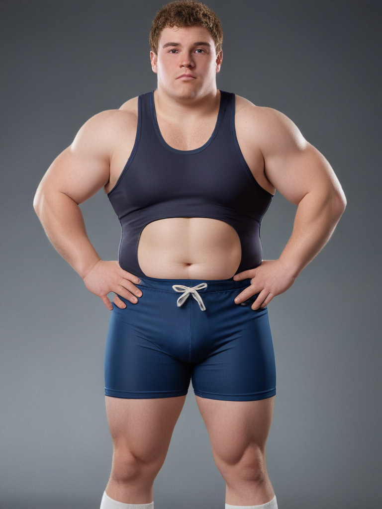 Realistic chubby college wrestler guy, full body, blue wrestling ...