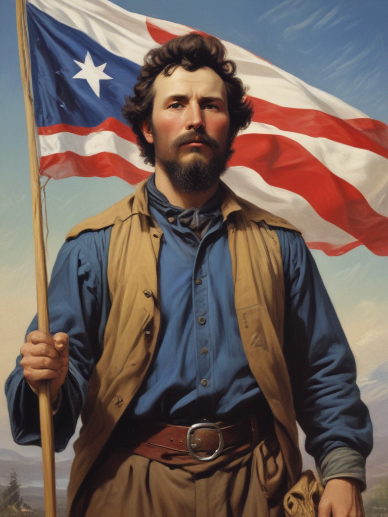 patriotic propaganda poster of Louis Riel holding the Metis flag