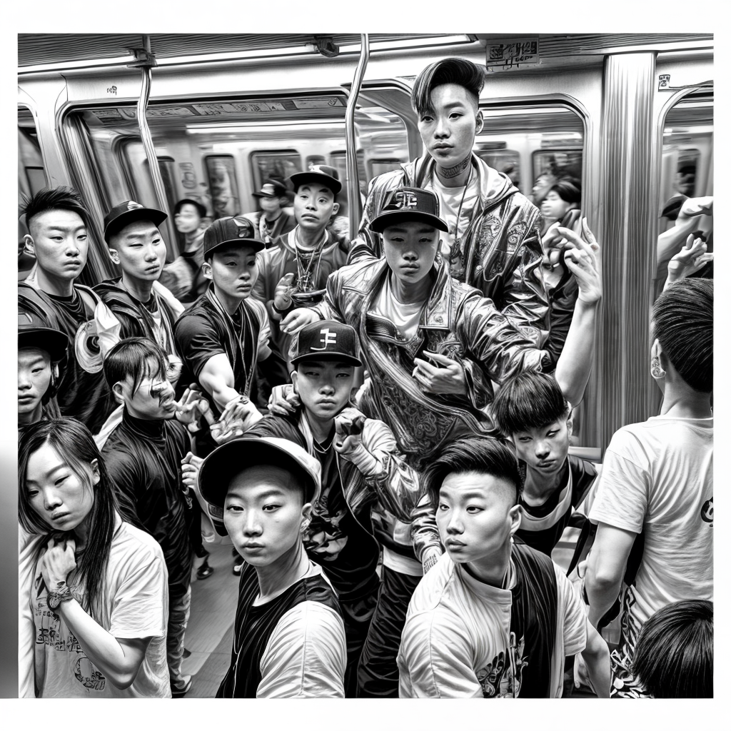 CHINESE RAPPER IN SUBWAY TRAIN BEHIND HIM HIP HOP DANCERS. VERY CLOSE ...