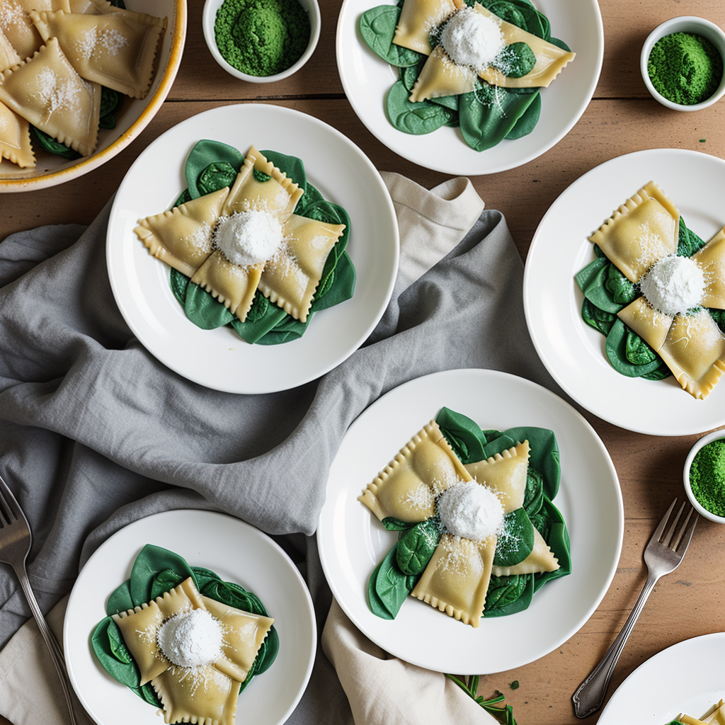 Elegant Plated Ravioli on Fresh Spinach Leaves with Whipped Topping and ...