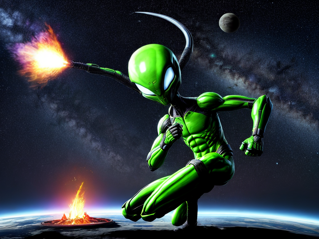 ALIEN PLAYING A FIRE GUITAR IN THE SPACE