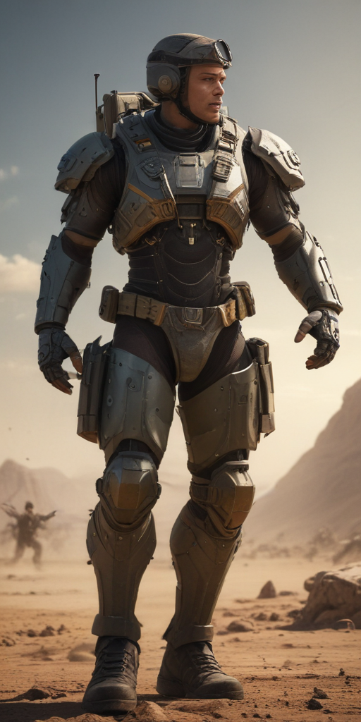 Futuristic Soldier in Advanced Armor Stands Ready for Battle in Desert ...