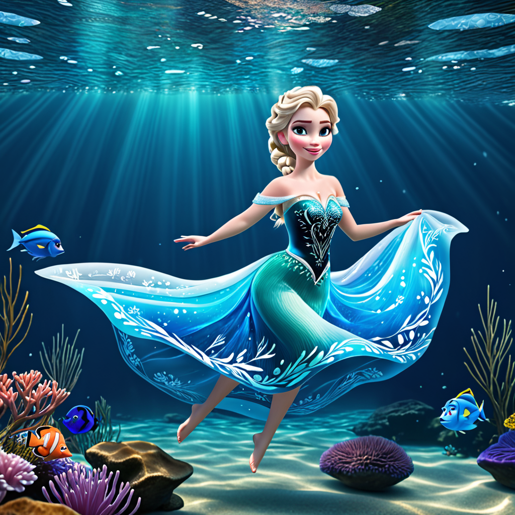 princess Elsa swimming from the realistic cartoon underwater swimming ...
