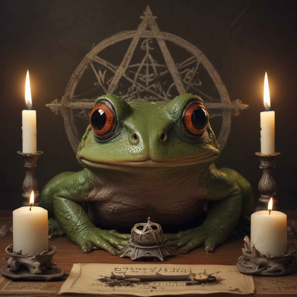 A satanic frog with goat eyes, a pentagram, candles and the words "what ...