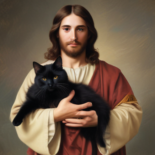Jesus Christ holding two black cats