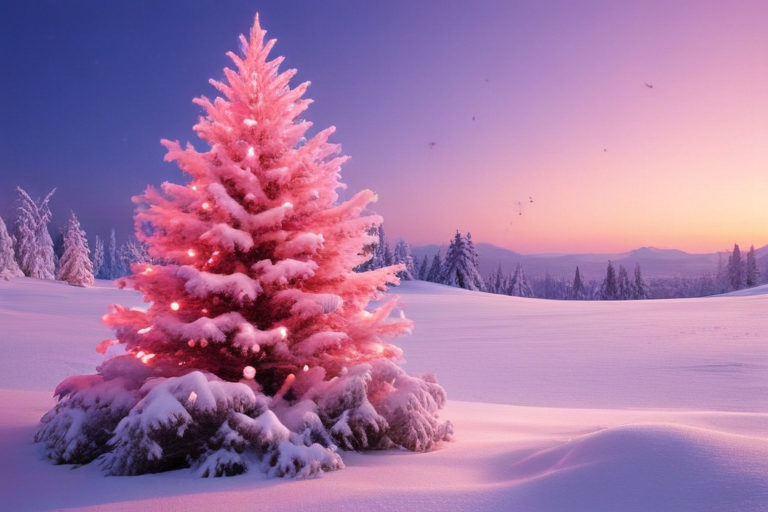 Enchanting Winter Scene Featuring a Beautiful Pink Christmas Tree at Sunset