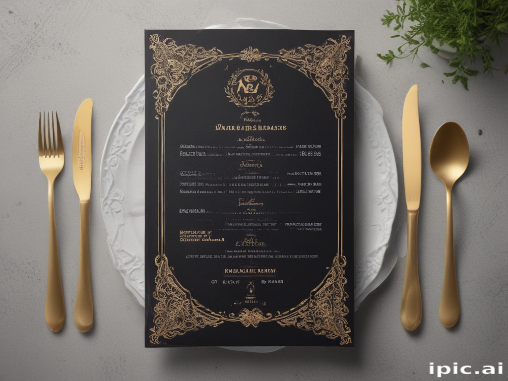 Elegant Black and Gold Menu Displayed on a Decorative Plate Setting