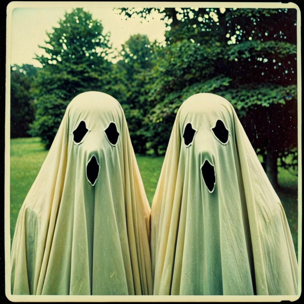 a close up polaroid of two gay ghosts