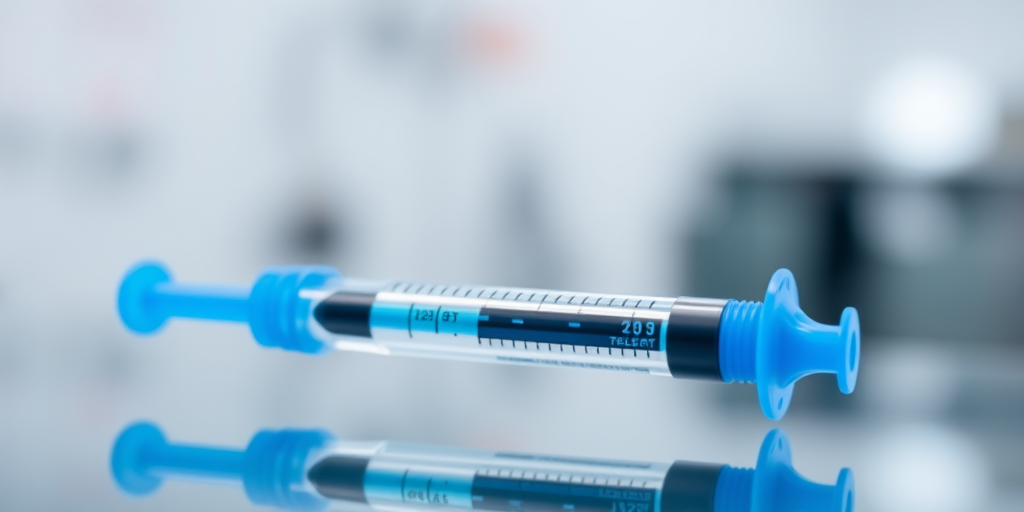 A Close-Up View of a Blue Syringe on a Reflective Surface in a Medical ...