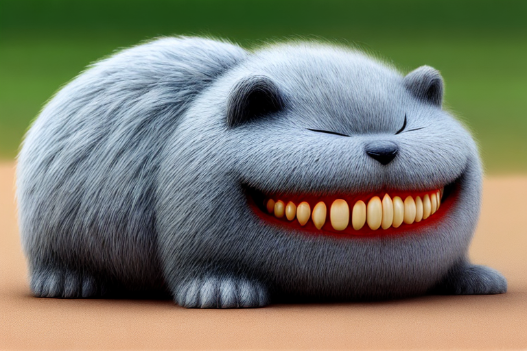 fluffy cute monster with teeth sleeping outside at night