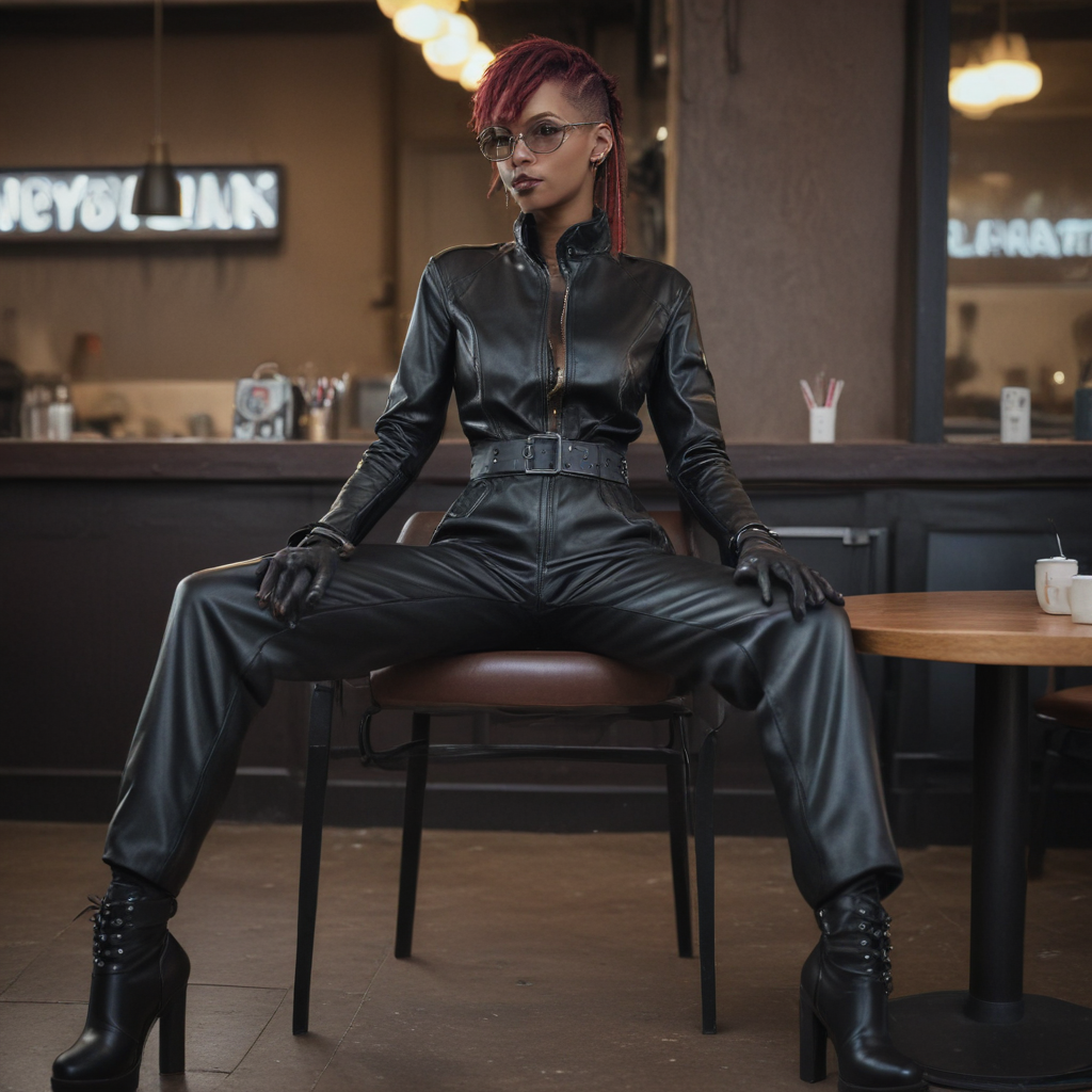 very skinny Kenyan cyberpunk girl leaning back on a chair in a cafe ...