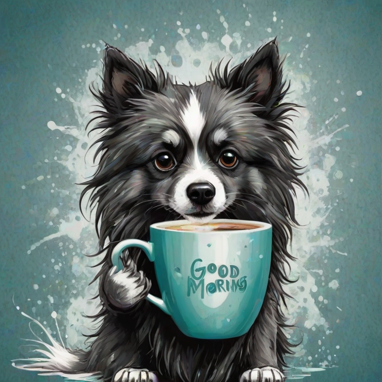 A Cute Dog Holding a Coffee Cup with a Cheerful Morning Greeting