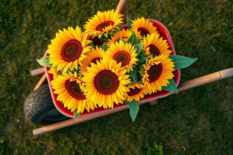 Colorful Sunflowers Blooming Brightly in a Wheelbarrow on Green Grass.