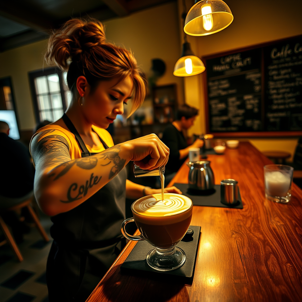 Barista Skillfully Creates Beautiful Latte Art in Cozy Coffee Shop ...