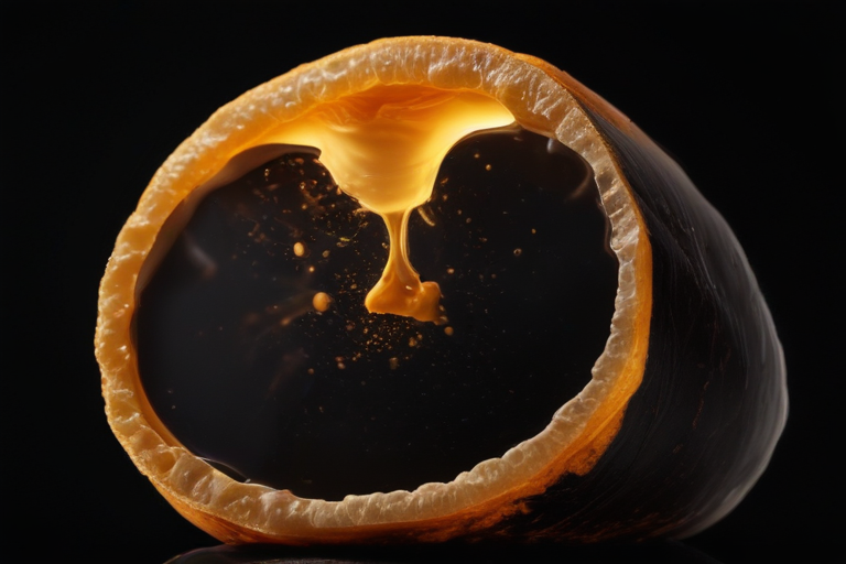Captivating Close-Up of a Glowing, Dripping Amber Substance in Darkness