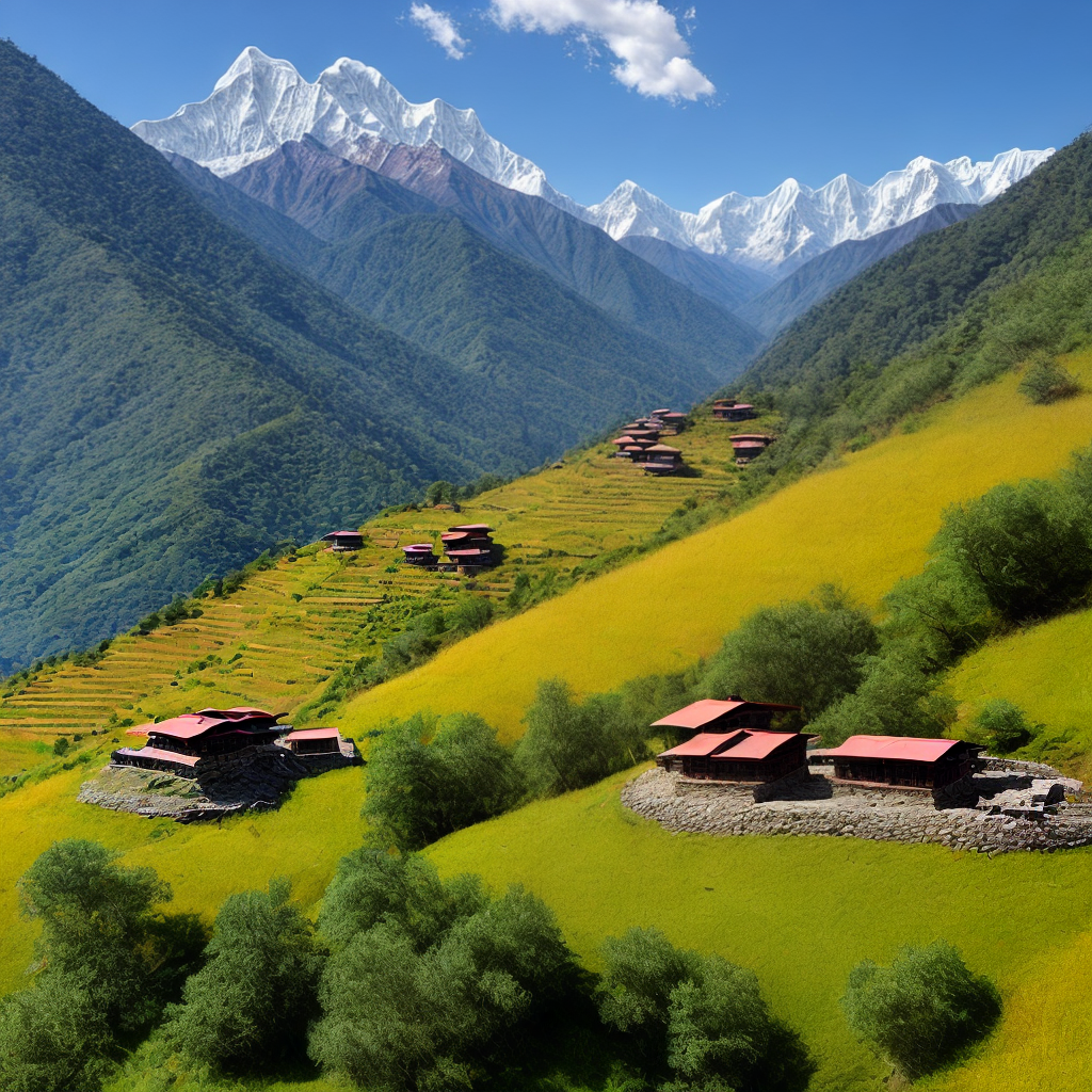 create a himalayan range of nepal with traditional housing