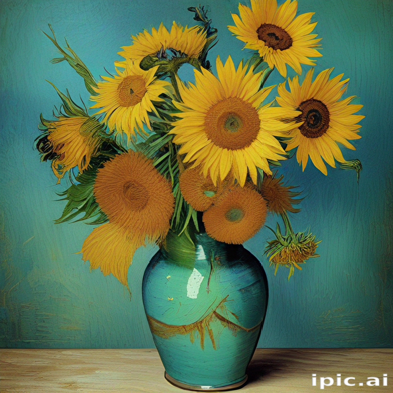 Vibrant Sunflowers in a Turquoise Vase Against a Textured Background