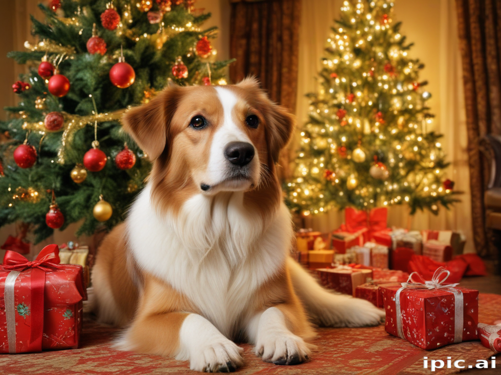 A Festive Dog Poses Gracefully Amidst Christmas Trees and Gifts.