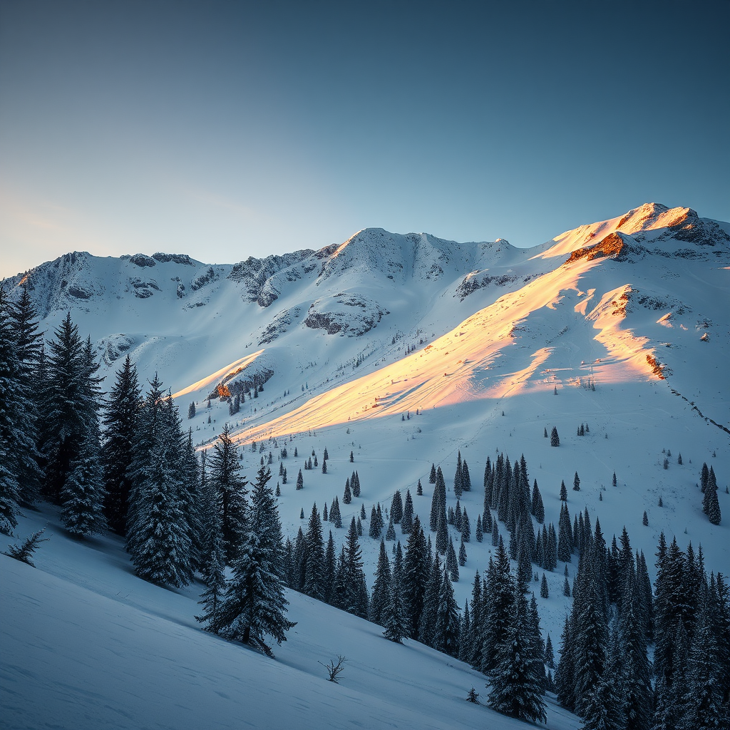 Photograph a snow-covered mountain slope at sunset with dramatic ...