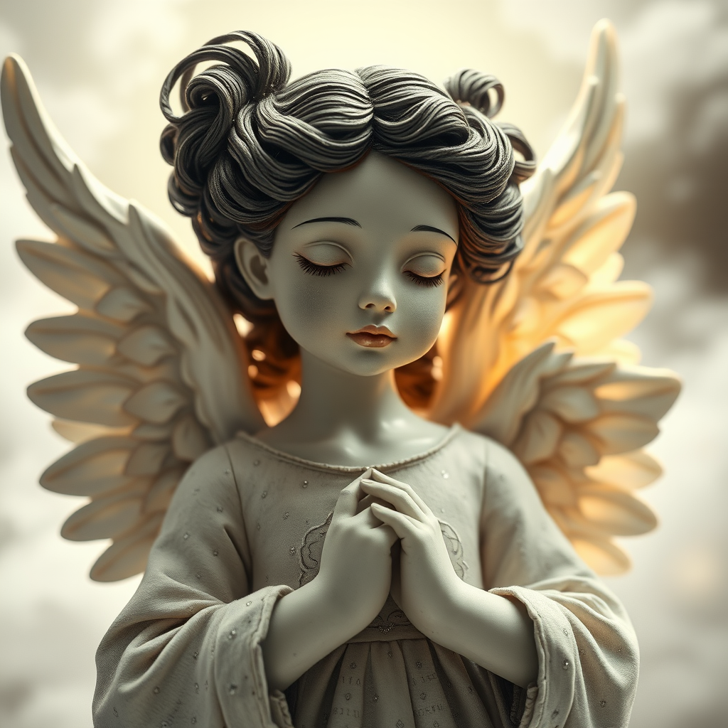 A Serene Angelic Figurine with Wings in a Dreamy Cloudy Background