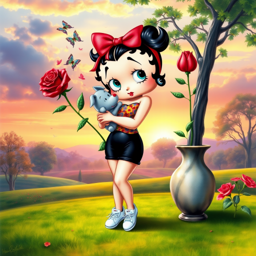 Betty Boop Embraces a Teddy Bear Amidst Beautiful Roses and Butterflies