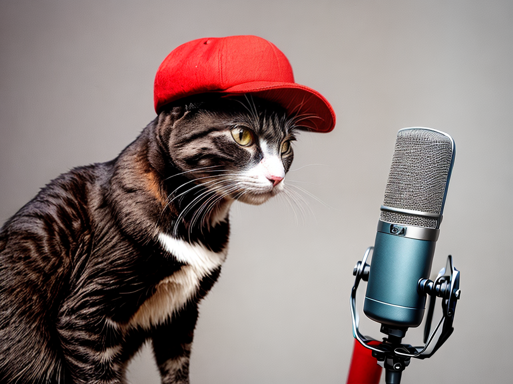 cat with a red hat singing into a microphone in a recording studio