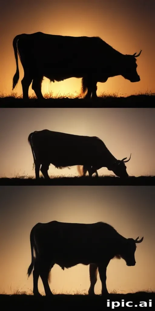 Silhouetted Cow Against a Beautiful Sunset with Layered Backgrounds