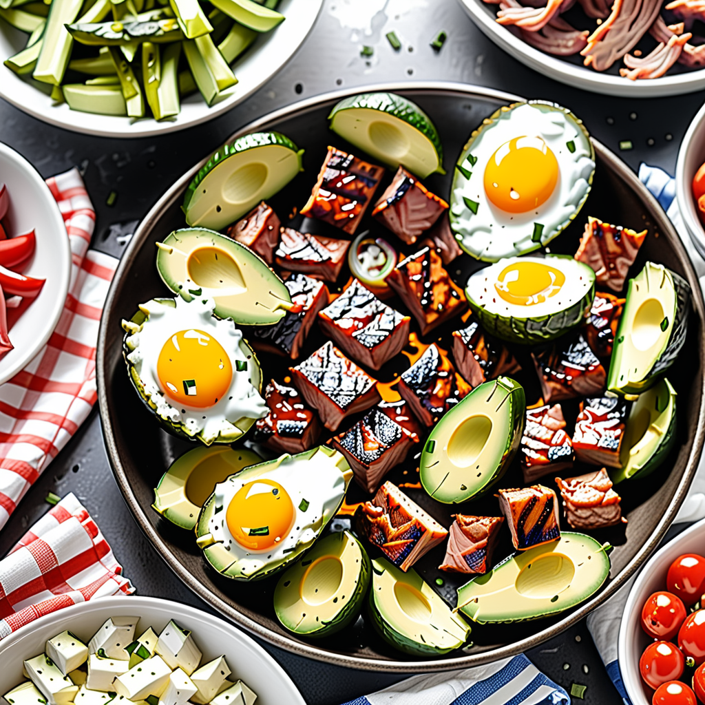 Colorful Platter of Creative Avocado Dishes with Fresh Ingredients and Eggs