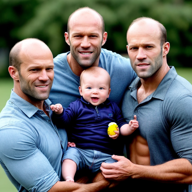 Baby with exact Jason Statham face and two men all with faces of Jason ...