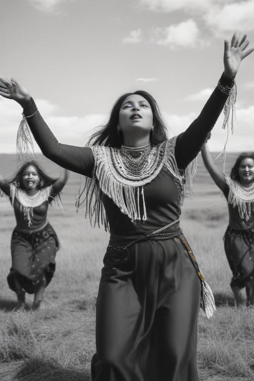 black and white image of Indigenous women in costume falling with hands ...