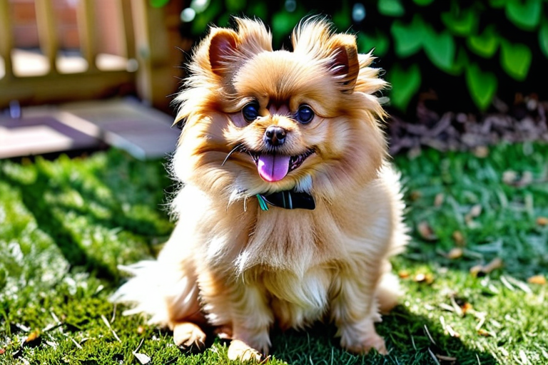 Adorable Pomeranian Dog Sitting Happily on a Lush Green Lawn