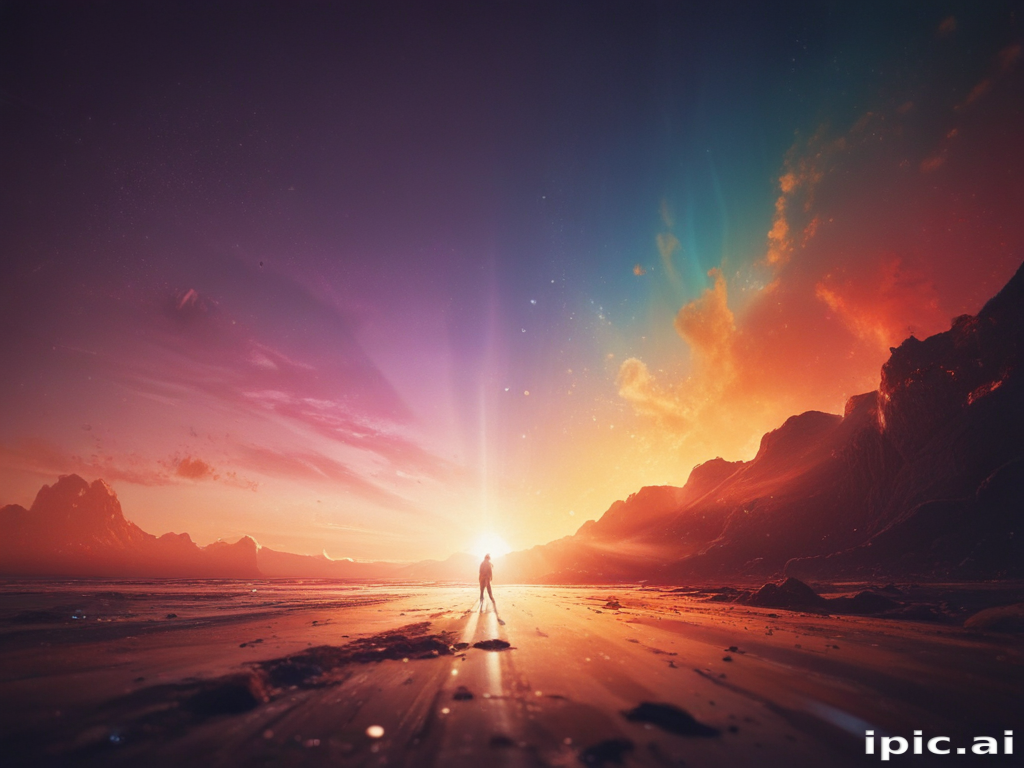 Solitary Figure Standing on Beach at Sunset with Vibrant Sky Colors