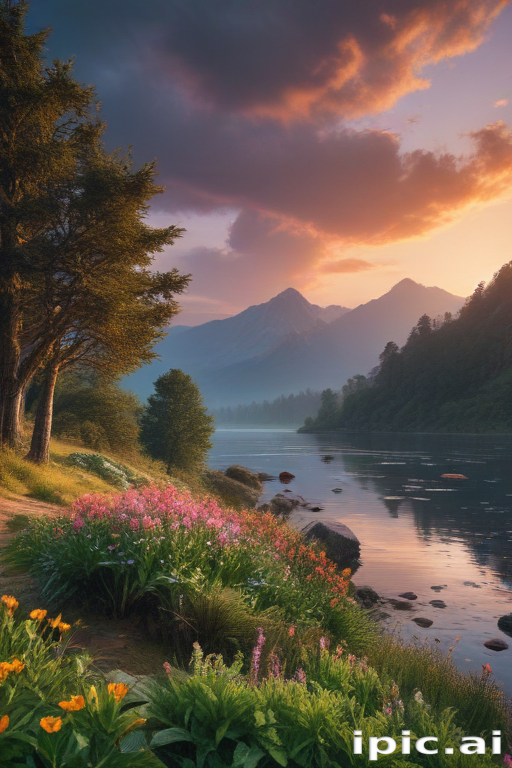 Serene Landscape of Colorful Flowers by a Tranquil Mountain River