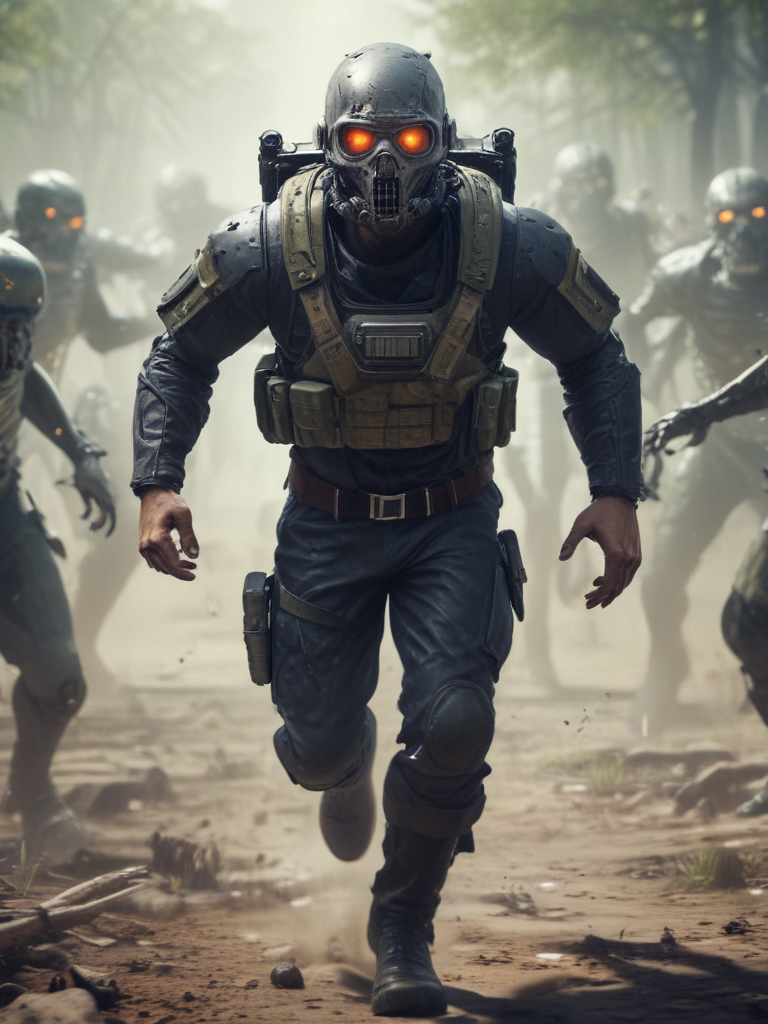 futuristic soldier running from a horde of zombies